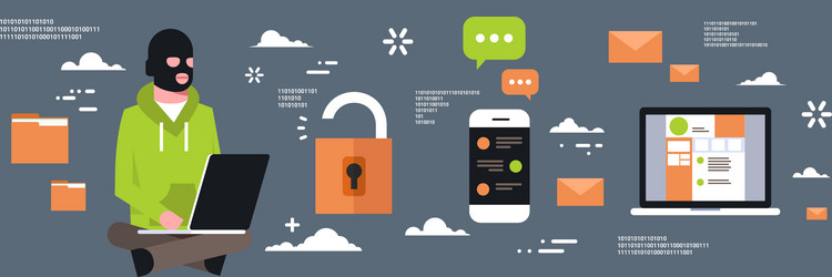 Man black mask sitting at computer hacker activity