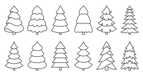 Winter branch leaf spruce berry black line set Vector Image