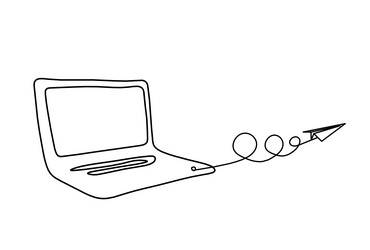 Abstract laptop with paper plane as line drawing Vector Image