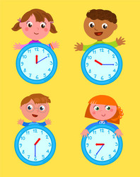 Kids telling time cartoon Royalty Free Vector Image