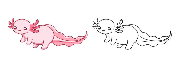 Happy axolotl cartoon colored and outline set Vector Image