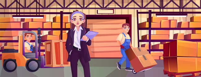 Cartoon warehouse interior with employee in boiler