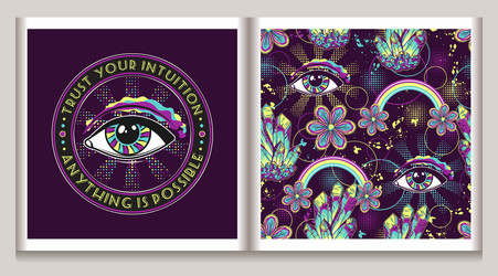 Surreal mystic pattern label with all seeing eye Vector Image