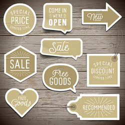 Stickers on rustic wood background Royalty Free Vector Image