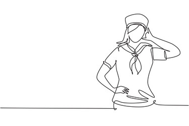 Single one line drawing sailor woman stands Vector Image