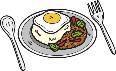 Hand drawn basil fried rice with fried egg Vector Image