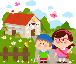 Children outside their school Royalty Free Vector Image