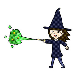 Comic cartoon witch girl casting spell Royalty Free Vector