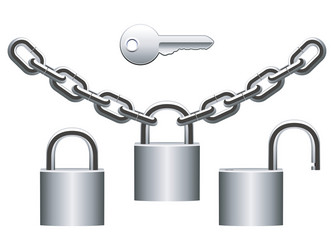 Closed lock hanging on chain isolated white Vector Image