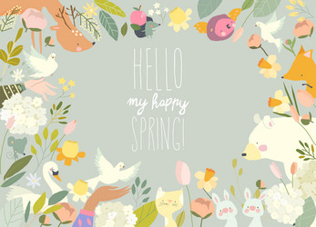 Cartoon frame with spring forest and birds Vector Image
