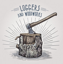 Ax in a wooden stump surrounded by chopped logs Vector Image