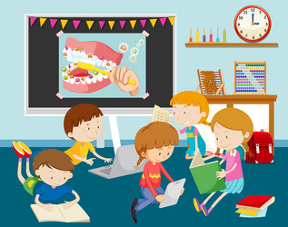 Lots of children reading and working on computer Vector Image