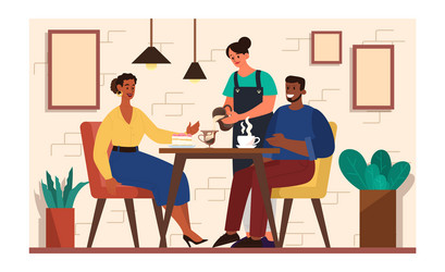 Two Men at Cafe Table with Waiter Royalty Free Vector Image