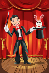 Cartoon magician on circus stage Royalty Free Vector Image