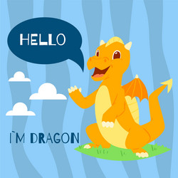 Funny dragon character pushing egg demonstrating Vector Image