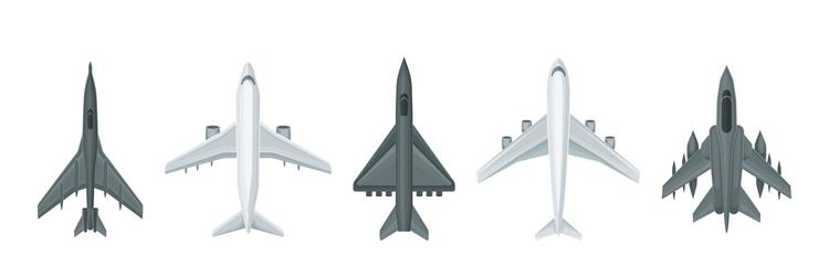 Jet fighter and aircraft top view set Royalty Free Vector