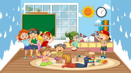 Scene with many kids playing in room Royalty Free Vector