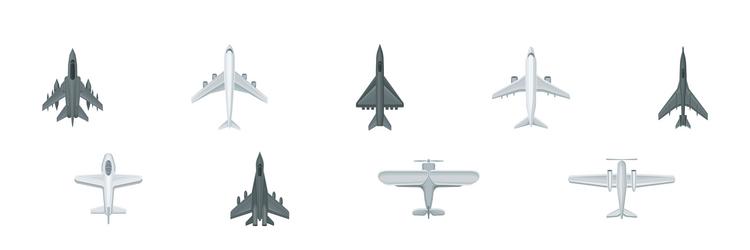 Jet fighter and aircraft top view set Royalty Free Vector