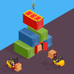 Unloading of sea cargo containers by a forklift Vector Image