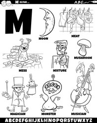 Letter m set with cartoon objects and characters Vector Image