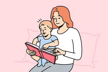 Cartoon mother reading a story book with her child