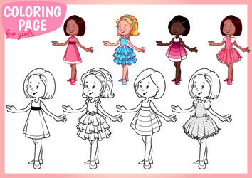 Coloring page for girls four young ladies Vector Image