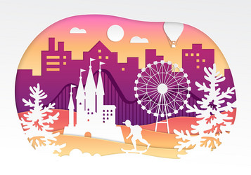 Amusement park with ferris wheel paper art Vector Image
