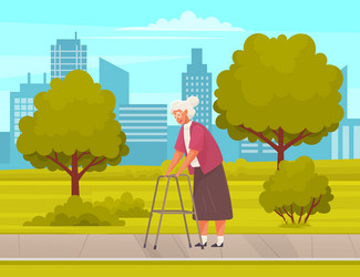 Granny with glasses walks adult walker Royalty Free Vector