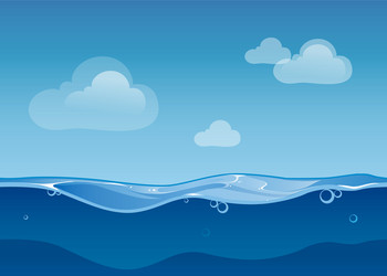 Sea or ocean cartoon landscape with sky and clouds