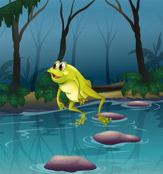 Frog rowing boat in the stream forest scene Vector Image
