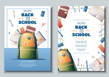 Set of flyer template with school backpack books Vector Image