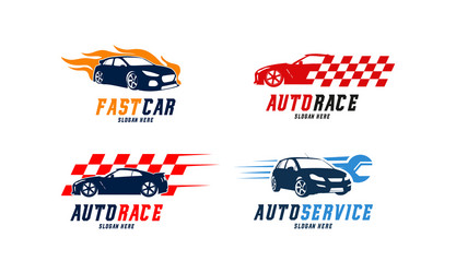 Set racing car logo fast flame Royalty Free Vector Image