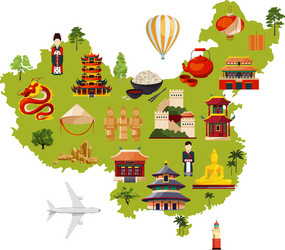 Chinese cartoon map with destinations symbols Vector Image