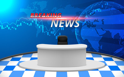Wooden table and breaking news on led screen backg
