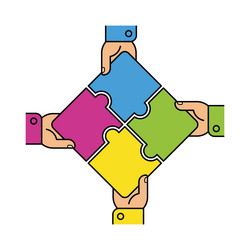 Four puzzle parts in 4 hands Royalty Free Vector Image