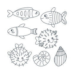 Set of marine elements of fish puffer fish shells Vector Image