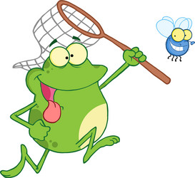 Frog chasing fly with a net Royalty Free Vector Image