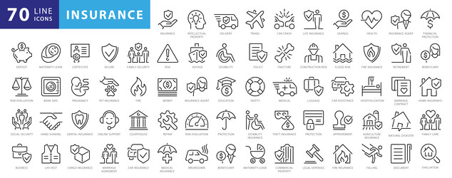Insurance icons with black outline style Vector Image