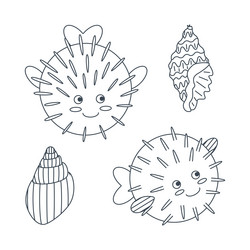 Set of marine elements of fish puffer fish Vector Image