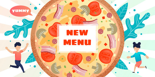 Cartoon children eating pizza for lunch together Vector Image