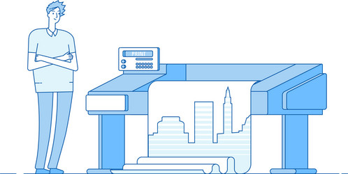 Worker With Plotter Man Prints Beautiful Vector Image