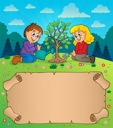 Kids planting tree theme image 1 Royalty Free Vector Image