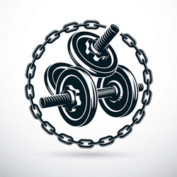 Dumbbell and disc weight surrounded by iron chain Vector Image