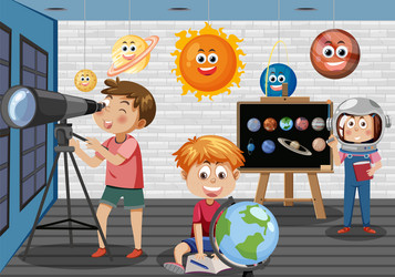 Outdoor scene with kids observing night sky Vector Image