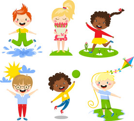 Collection of happy kids outdoor in spring season Vector Image