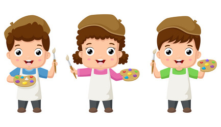 Cute little painter with painting tools elements Vector Image