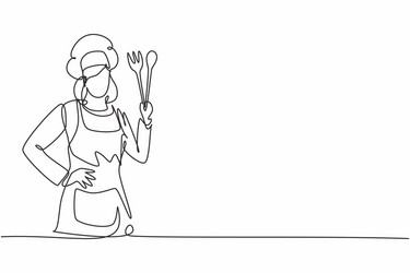 Single one line drawing hand holding kitchen Vector Image