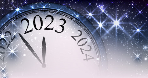 Clock showing 2023 with bokeh lights and snowdrift