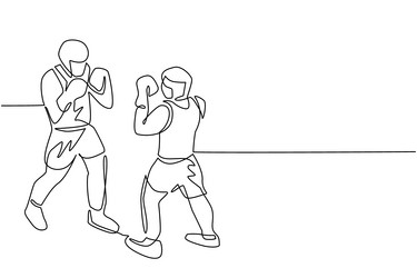 Single continuous line drawing boxers fighting Vector Image