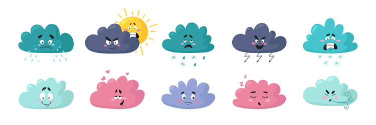 Cute weather characters happy face sun and cloud Vector Image